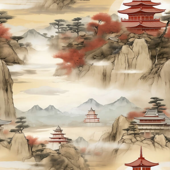 Download Asian-Inspired Landscape with Pagodas and Alpine Mountains ...