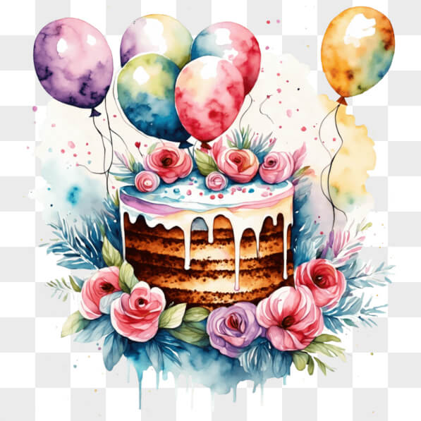 Download Watercolor Birthday Cake with Flowers and Balloons PNGs Online ...