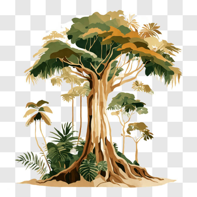 Download Jungle Tree Illustration with Surrounding Palm Trees PNG ...