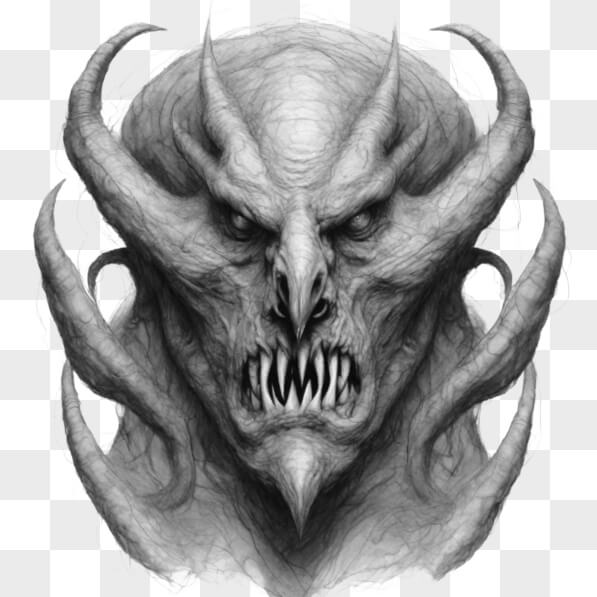 Download Detailed Drawing of a Demon's Head with Large Horns and Teeth ...