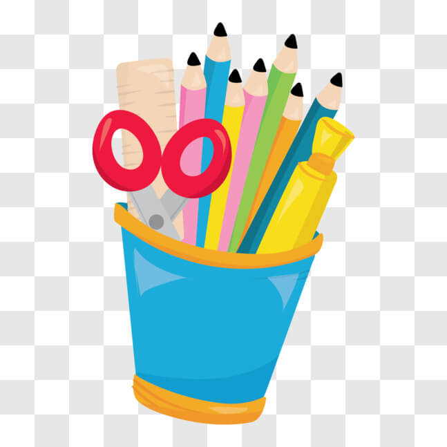 Download Colorful School Supplies in Blue Bucket PNG Online - Creative ...