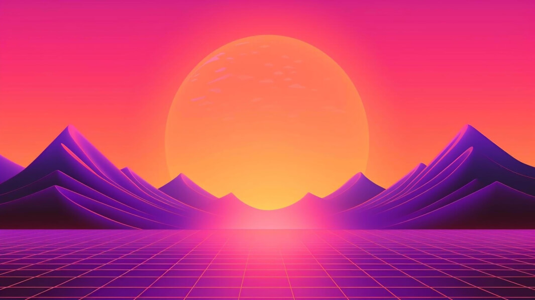 Download Colorful 80s Style Landscape with Mountains and Orange Sun ...