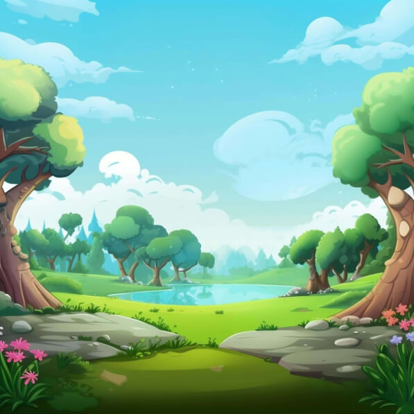 Download Cartoon-style Landscape with Trees, Grass, and Flowers ...