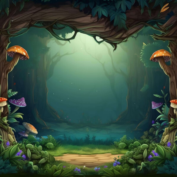 Download Cartoon Forest Scene with Mushrooms, Trees, and Bushes ...