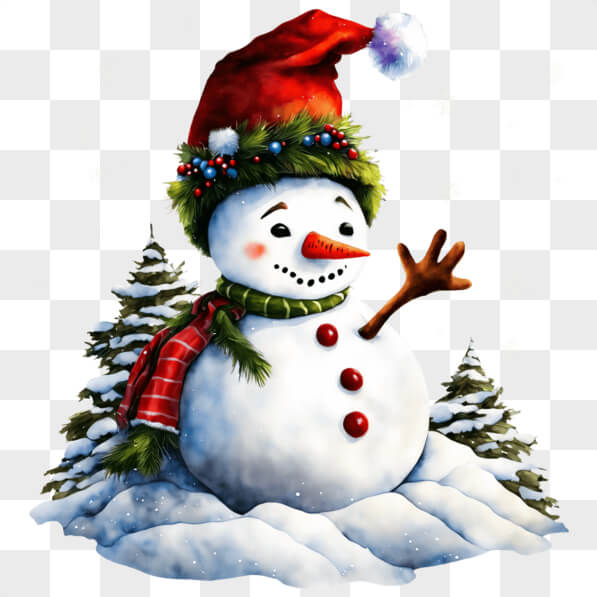 Download Snowman waving in snowy landscape with holiday decorations ...