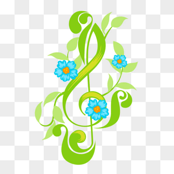 Download Green Musical Treble Clef with Blue Flowers and Leaves PNGs ...