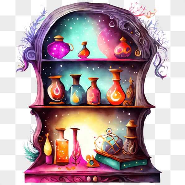 Download Magical Potion Bottles and Books on Colorful Shelf PNGs Online ...