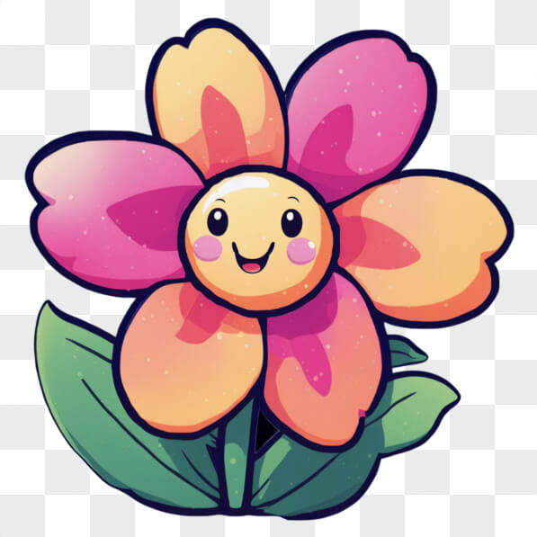 Download Smiling cartoon flower with pink petals and green leaves ...
