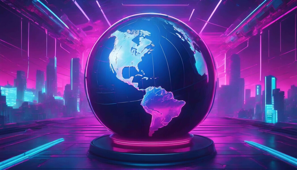 Download Neon Globe with Abstract Cityscape Background Backgrounds ...