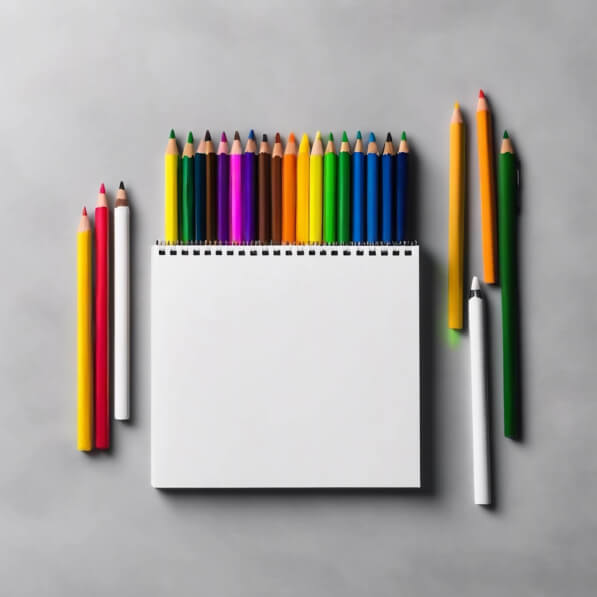 Télécharger Cahier blanc avec crayons colorés sur fond gris Mockups En ...