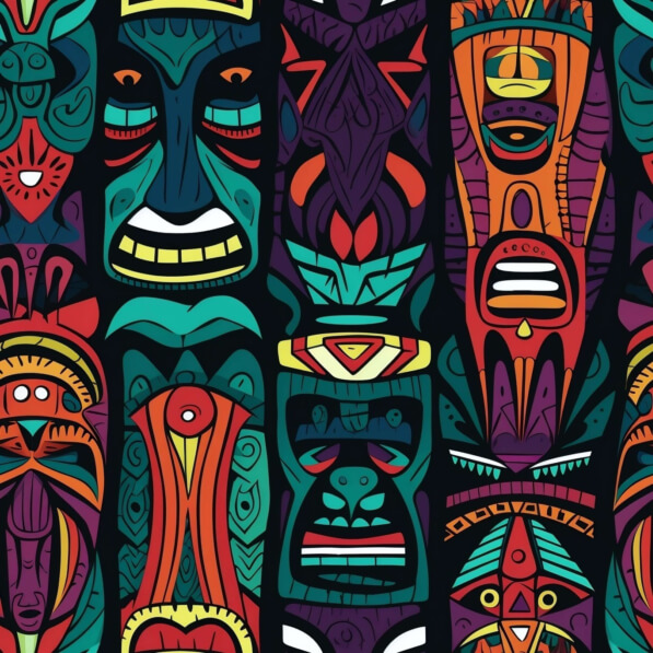 Download Colorful Tiki Mask Seamless Pattern on Black Background ...