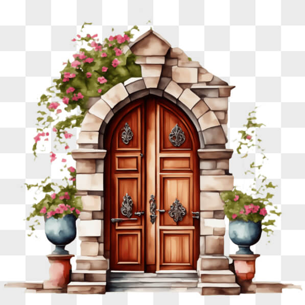 Download Welcoming Entrance with Wooden Door and Floral Decor PNG ...