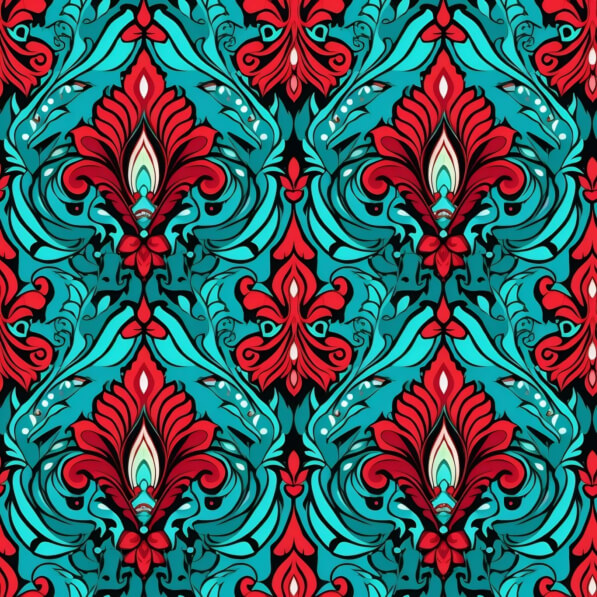 Download Vintage Floral Damask Pattern in Red, Blue, and Green on Teal ...