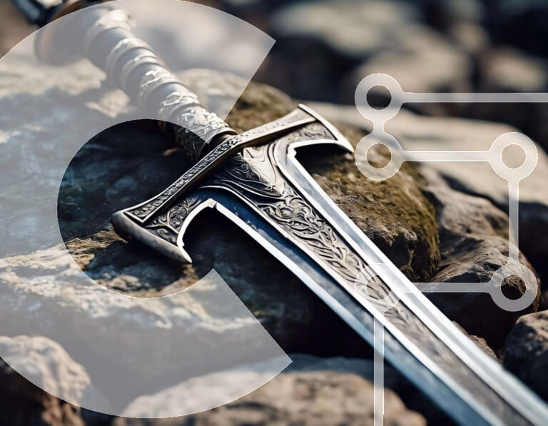 Large Sword Resting on Rocks stock photo | Creative Fabrica