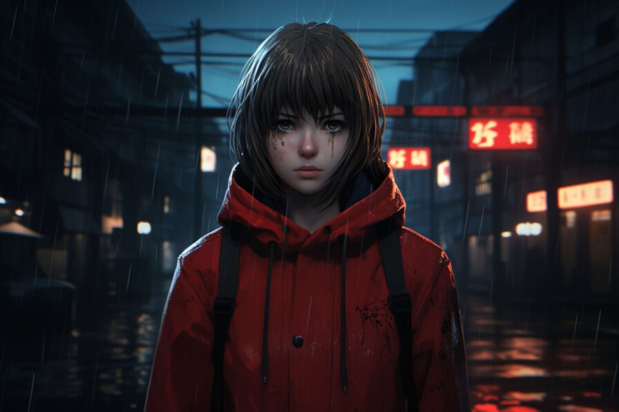 Download Girl in Anime-Inspired Red Jacket Standing in the Rain ...