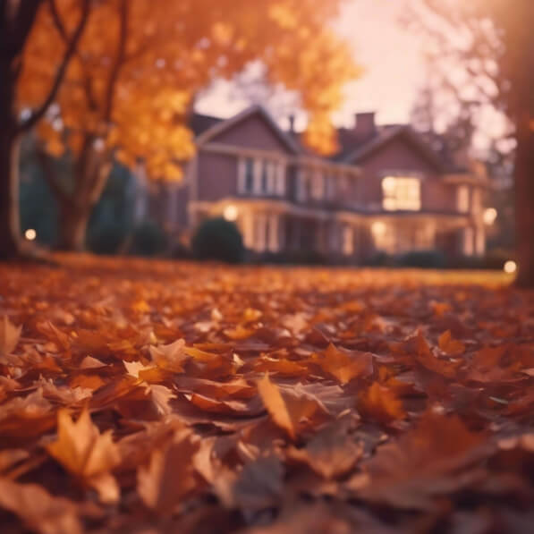 Download Autumn Scene with Leaves on the Ground and House in Background ...