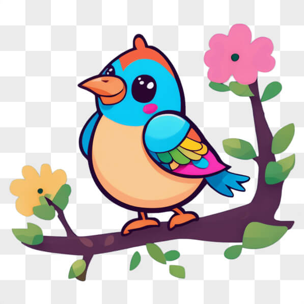 Download Colorful Bird Perched on Branch with Flowers Cartoons Online ...