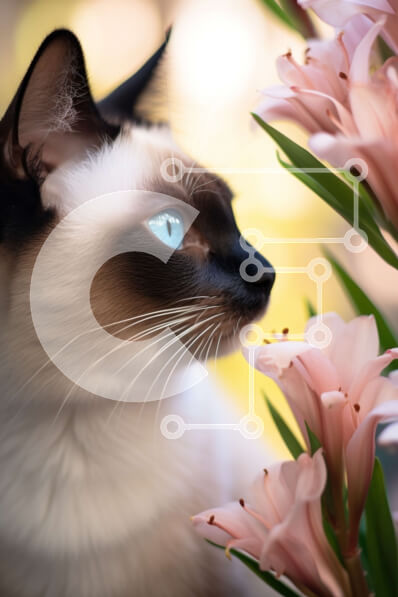 Adorable Siamese Cat Enjoying Pink Flowers stock photo | Creative Fabrica