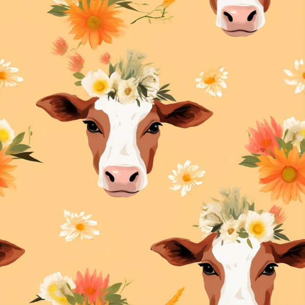 Download Seamless Pattern of Cows with Flower Crowns on Orange ...