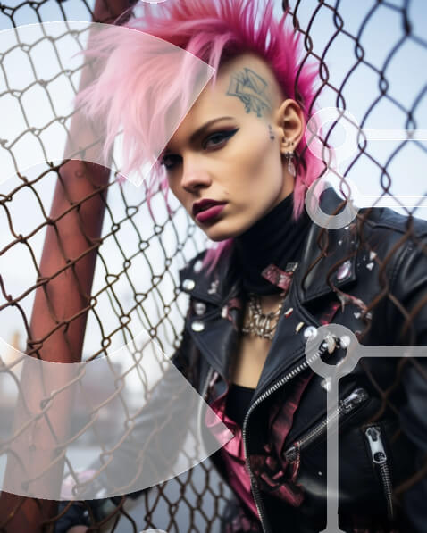Punk Rock Style Woman Leaning Against Fence stock photo | Creative Fabrica