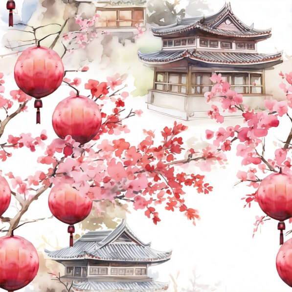 Download Seamless Red Lantern Pattern with Asian-Inspired Tree and Pink ...