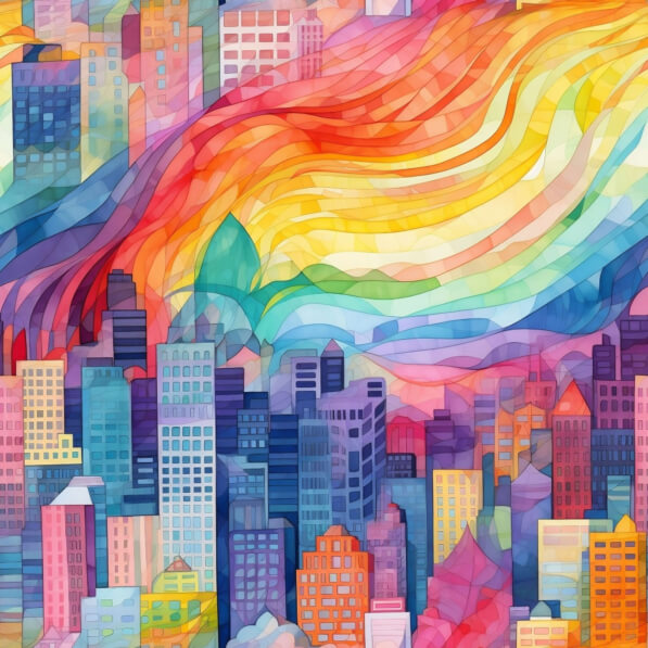 Download Colorful Cityscape Painting with Rainbow Patterns Online ...