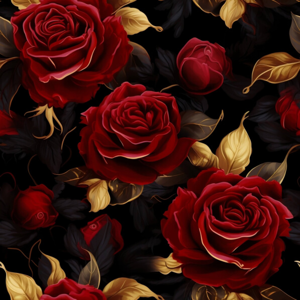 Download Red Roses and Gold Leaves Seamless Pattern on Black Background Patterns Online ...