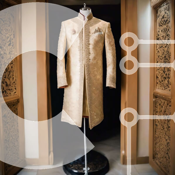 Gold Indian Sherwani on Mannequin Display stock photo | Creative Fabrica