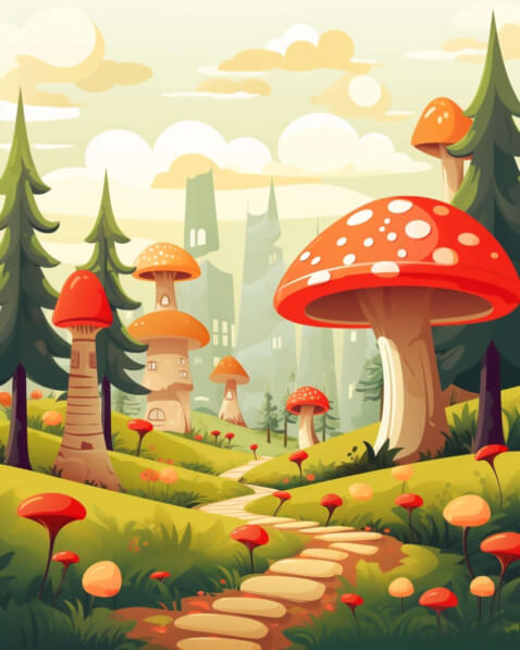 Download Colorful Cartoon Forest Illustration with Mushrooms and Trees ...