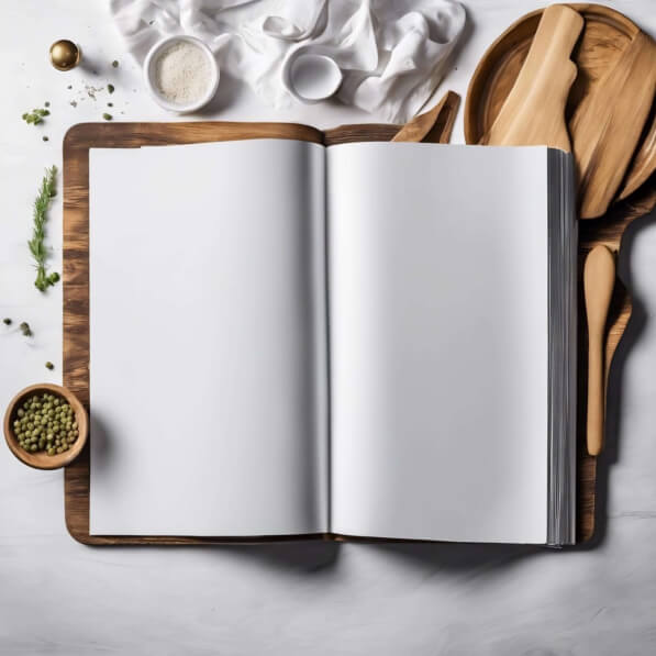 Download Open Cookbook on Wooden Cutting Board with Kitchen Tools and ...