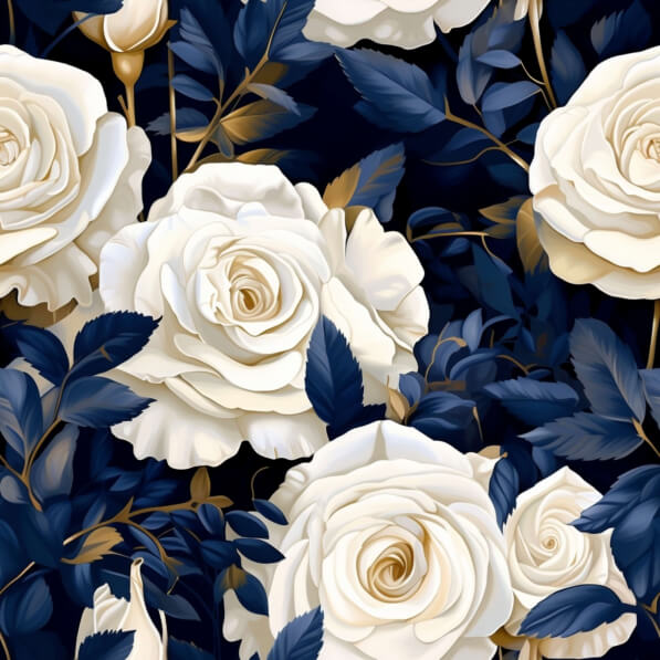 Download Seamless Pattern of White Roses with Green Leaves on Blue ...