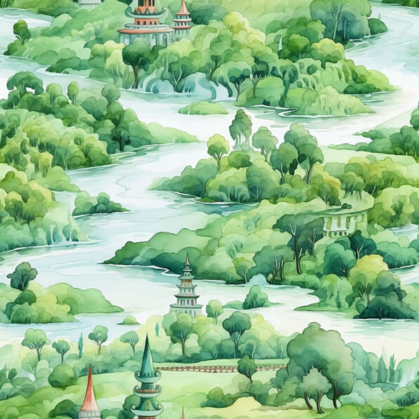 Descarga Pintura idílica de paisajes acuarela con árboles y ríos ...