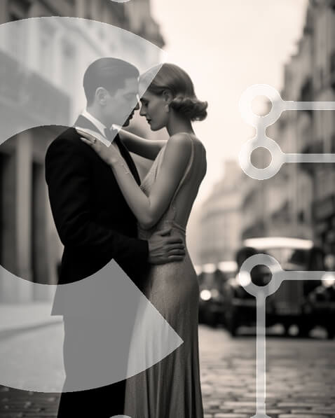 Romantic Couple in Formal Attire Walking Down Cobblestone Street stock ...