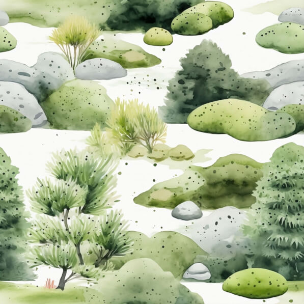 Download Seamless Japanese-inspired nature pattern with trees, rocks ...