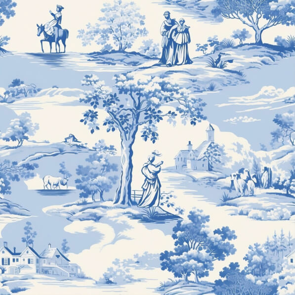 Download Vintage Blue and White Toile Pattern with People, Horses, and ...
