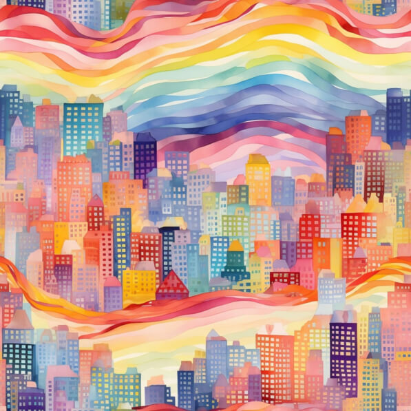 Download Colorful Cityscape with Rainbow Sky and Airplane Patterns ...