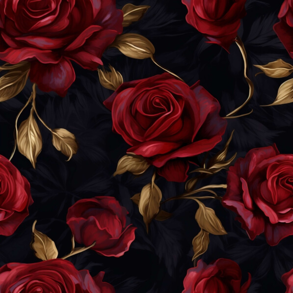 Download Seamless Red Rose and Gold Leaf Pattern on Black Background ...