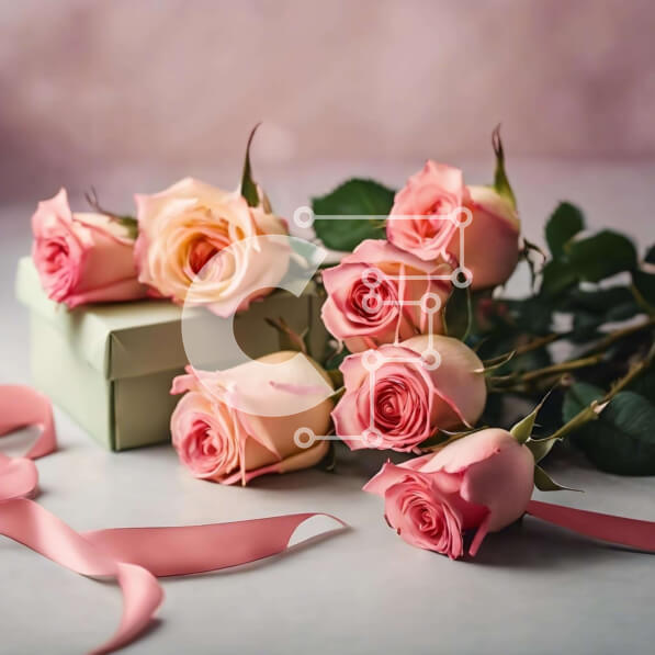 Romantic Pink Roses and Gift Box stock photo | Creative Fabrica