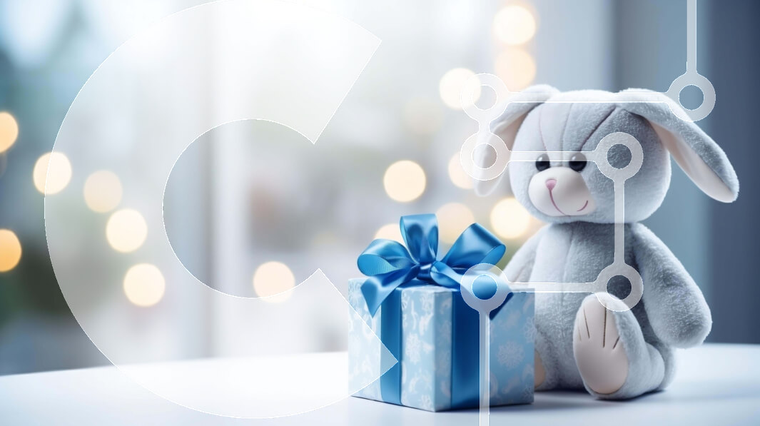 Grey Bunny Stuffed Animal and Blue Gift Box stock photo | Creative Fabrica