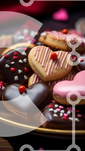 Biscoitos em forma de coração e doces sortidos em um prato dourado ...