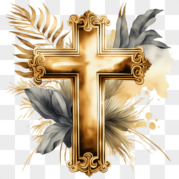 Download Gold Cross with Palm Leaves on Black Background PNGs Online ...