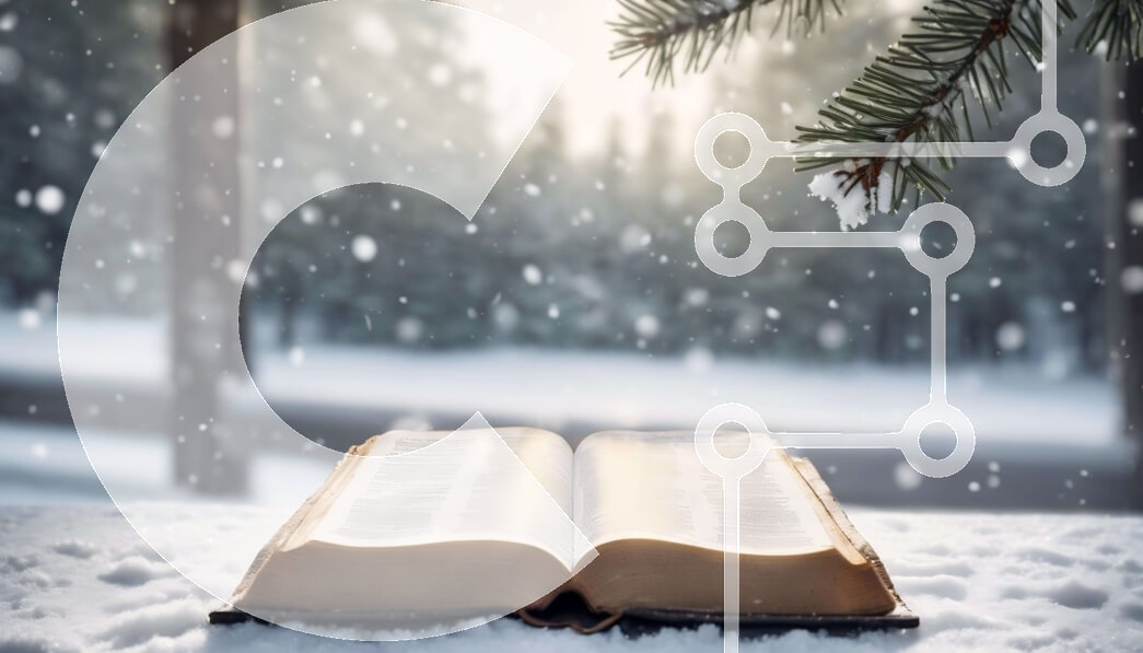 Open Bible in Winter Wonderland stock photo | Creative Fabrica