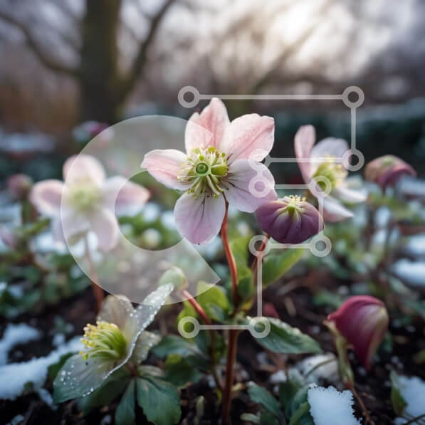 Pink Hellebore Flowers in Snow stock photo | Creative Fabrica