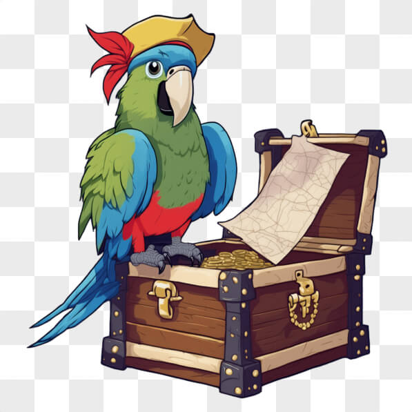 Download Colorful Parrot on Treasure Chest with Piece of Paper Cartoons ...