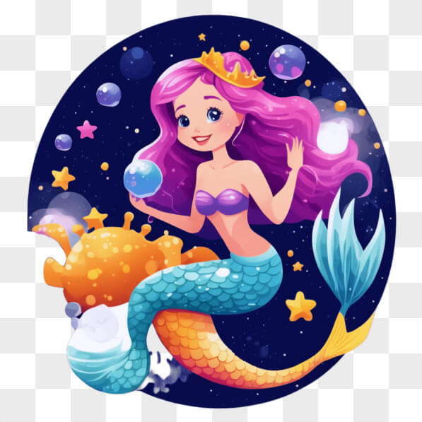 Download Cute Mermaid Sitting on Bubbles and Stars in Night Sky ...