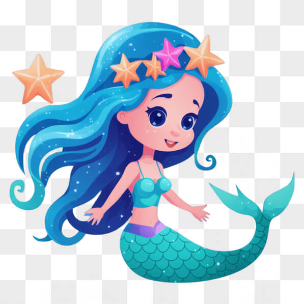 Download Cute Little Mermaid with Blue Hair and Stars Illustration ...