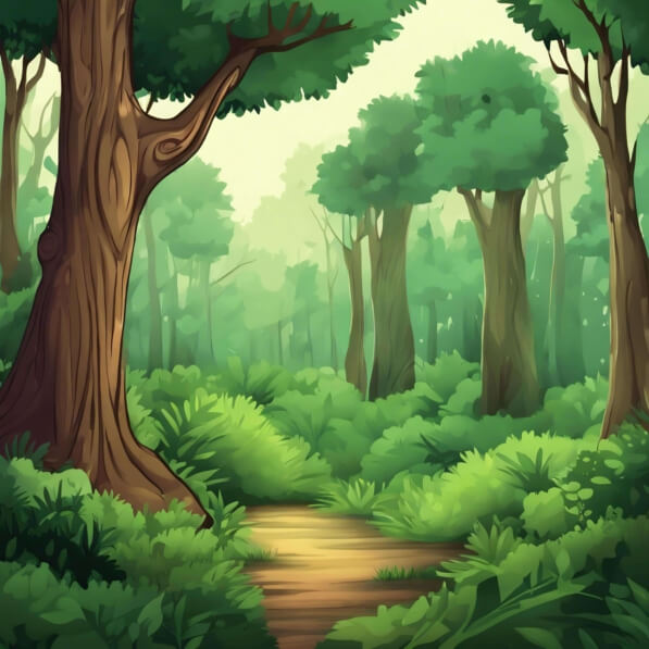 Download Cartoon Forest Scene with Trees, Bushes, and Hiking Path ...