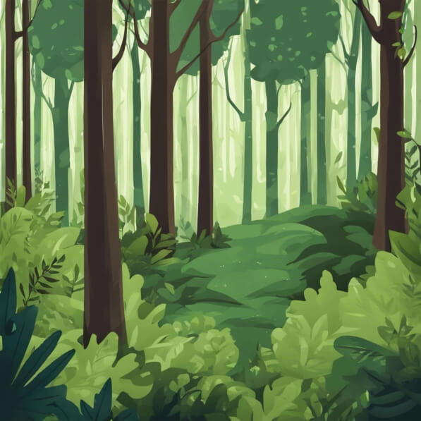 Download Cartoon Forest Scene with Green Trees and Bushes Backgrounds ...