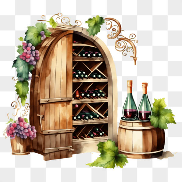 Download Wine Cellar with Bottles, Grapes, and Barrels PNG Online ...