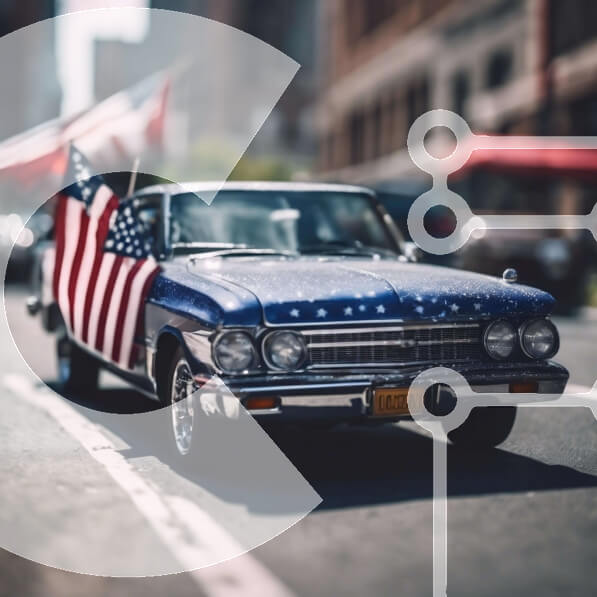 Classic Blue Car with American Flag on Street stock photo | Creative ...